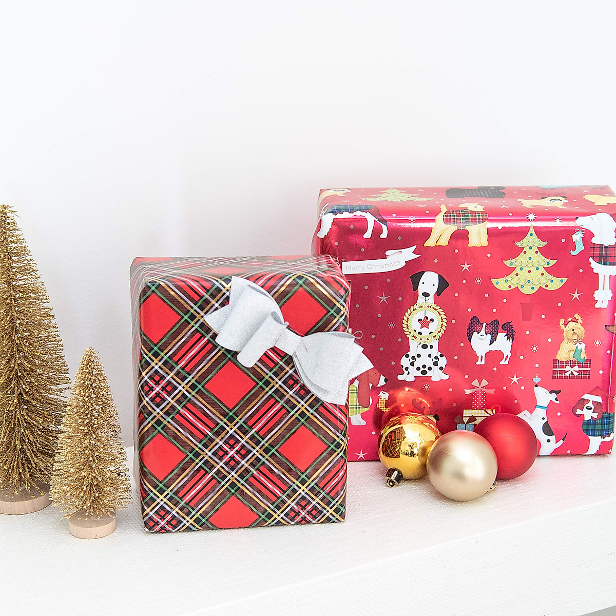 Papyrus Christmas Wrapping Paper Bundle, Holiday Chic and Santa's Best Friends Dog Print (2 Rolls)