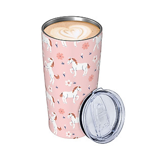 20 Oz Tumbler with Lid and Straw, Cartoon Cute Horse Flower Pink Insulated Tumbler Stainless Steel Cups, Personalized Coffee Tumbler Travel Mug Water Bottle