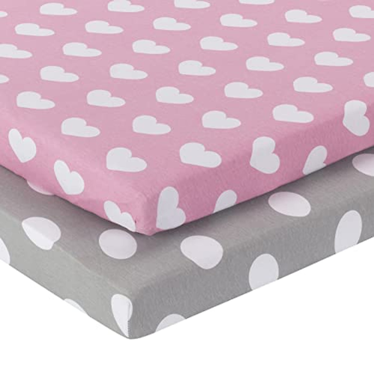 2 Pack n Play Mattress Sheets – 100% Jersey Knit Cotton Soft Portable Crib Mattress Sheets for Girls with Pink Heart and Gray Polka Dot Design; 2 Pc Playpen Mattress or Mini Crib Sheet Fitted Set