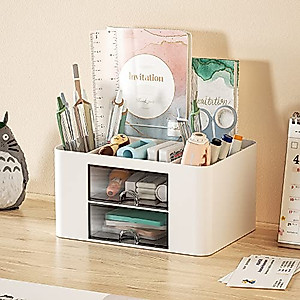 Marbrasse Pen Organizer with 2 Drawer, Multi-Functional Pencil Holder for Desk, Desk Organizers and Accessories with 5 Compartments + Drawer for Office Art Supplies (White)