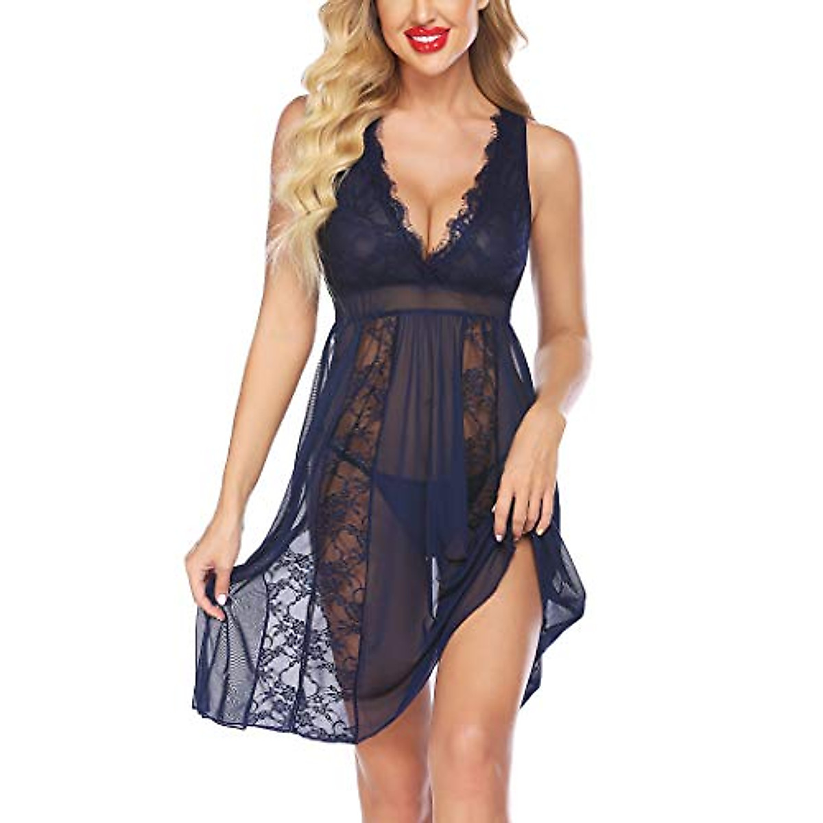 Avidlove Sexy Lingerie for Women Sheer Lace Chemise Nightgowns Bridal Nighty Blue Gray,M