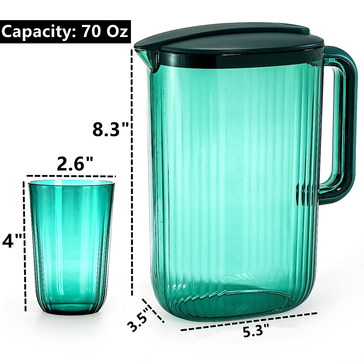 Peohud 70 Oz Water Pitcher, Plastic Pitcher with Lid and 4 Cups, Iced Tea Pitcher Water Jug for Juice, Milk, Lemonade, Cold or Hot Beverages, BPA-Free