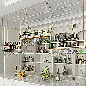 Gold Ceiling Mounted Hanging Wine Rack Iron Wine Bottle Holder Champagne Glass Goblets Storage Shelf, Bar Unit Home Decor Floating Display Shelves (Size : 100x25x21cm)