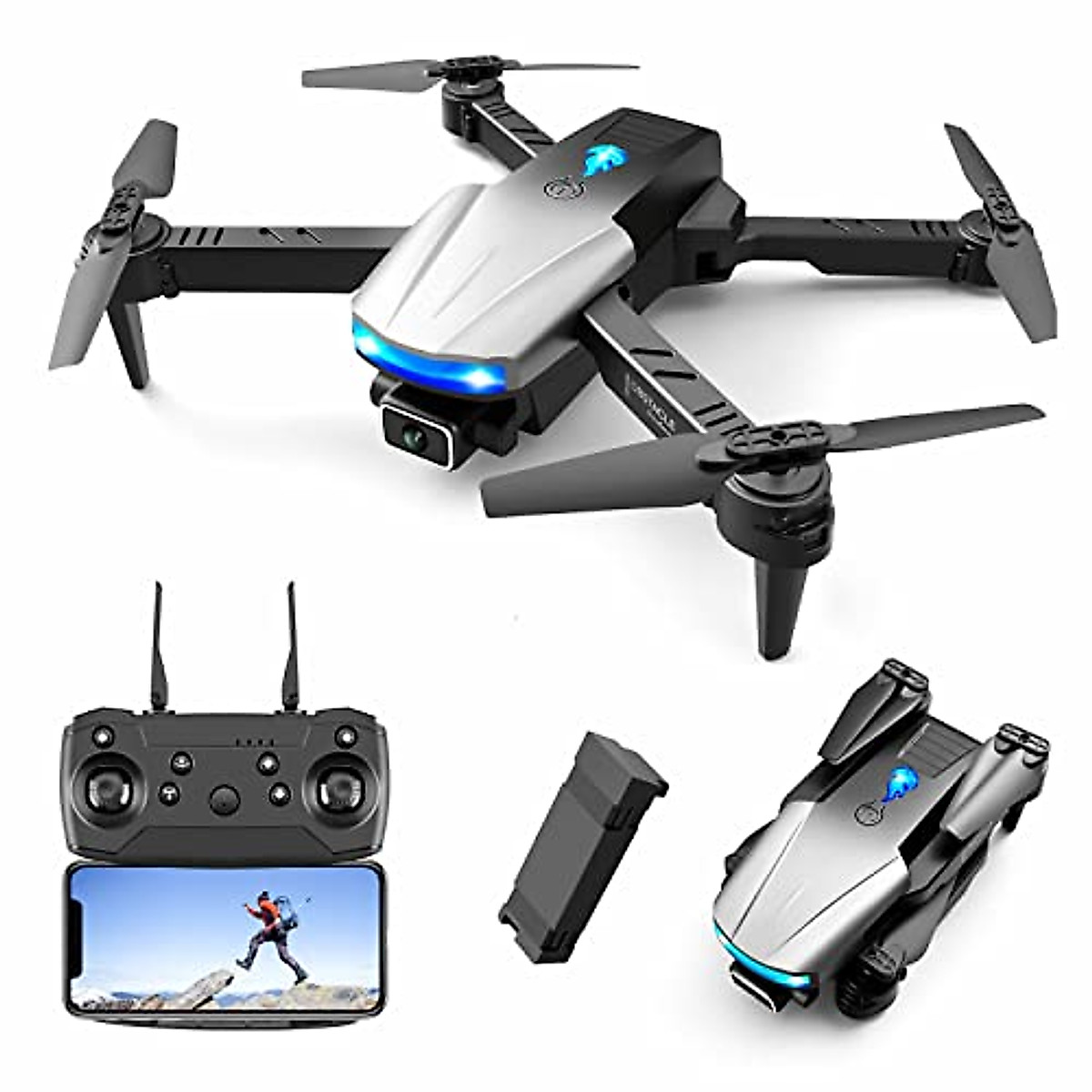 Bzdzmqm Drone with Dual 4K Camera, 2023 Foldable HD Drone for Kids & Adults, RC Quadcopter Helicopter, 3-Sided Infrared Avoidance, WiFi FPV, Altitude Hold, Headless Mode, LED Night Wide