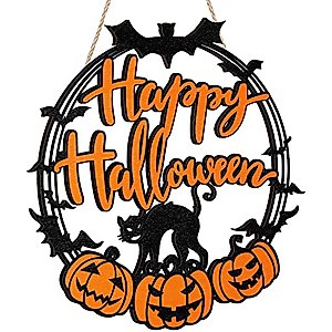 Bucherry Black Cat Pumpkin Hanging Sign Happy Halloween Front Door Welcome Sign Wall Decor Wall Plaque for Halloween Party