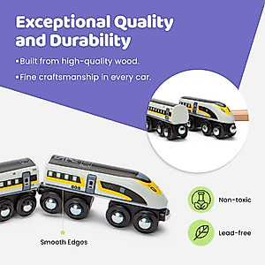 Maxim Enterprise, inc. Wooden Bullet Train, Wooden Train Set of 2 Modern Engines 1 Sleek Passenger Car with Magnetic Connectors, Compatible with Thomas & Friends, BRIO, Other Major Brands