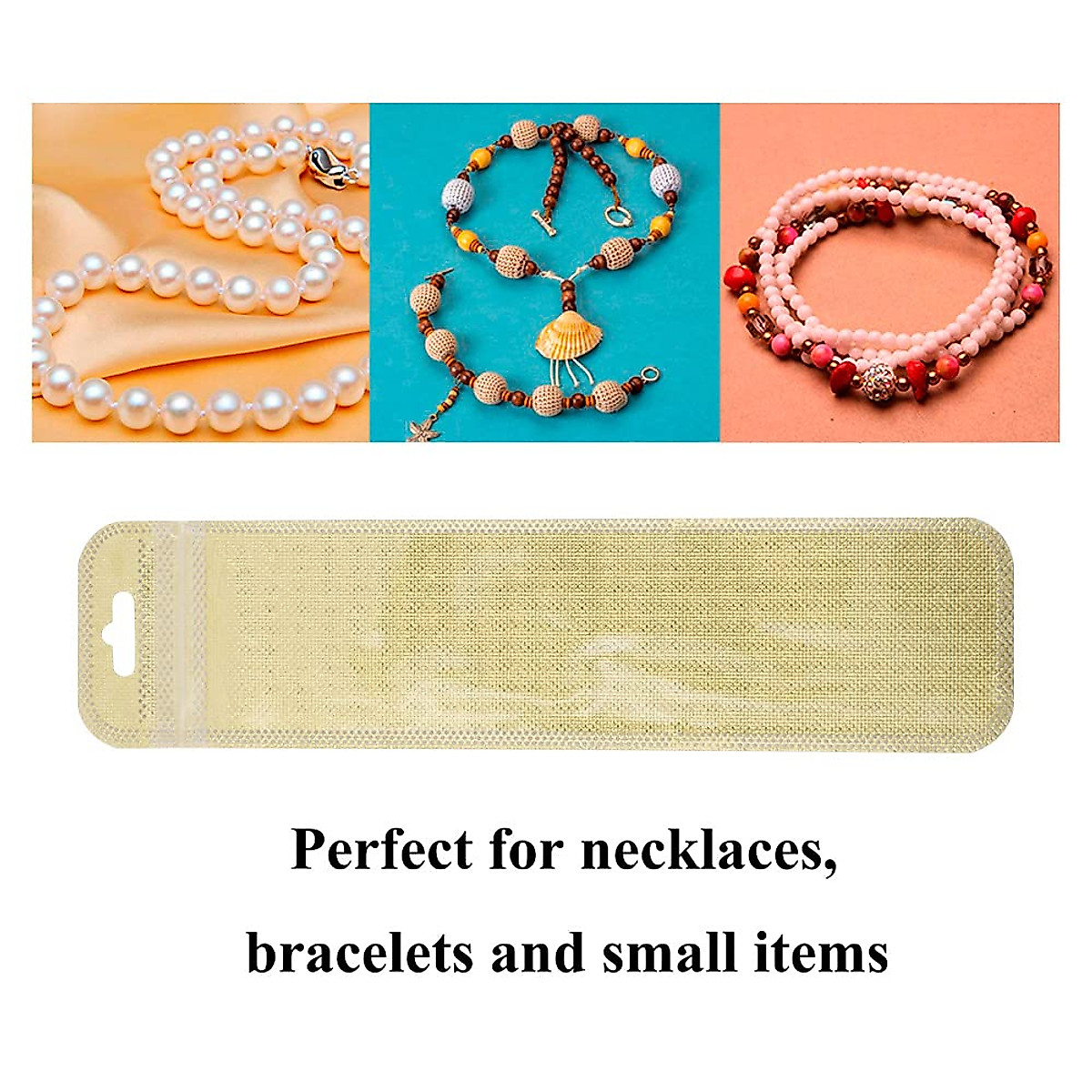 50pcs Resealable Mylar Ziplock Bags Long Jewelery Plastic Bags with Front Window Smell Proof Bag Packaging for Lip Gloss Lash Food Electronics Jewelry Electronics Pen Jewelry Necklace (Gold)