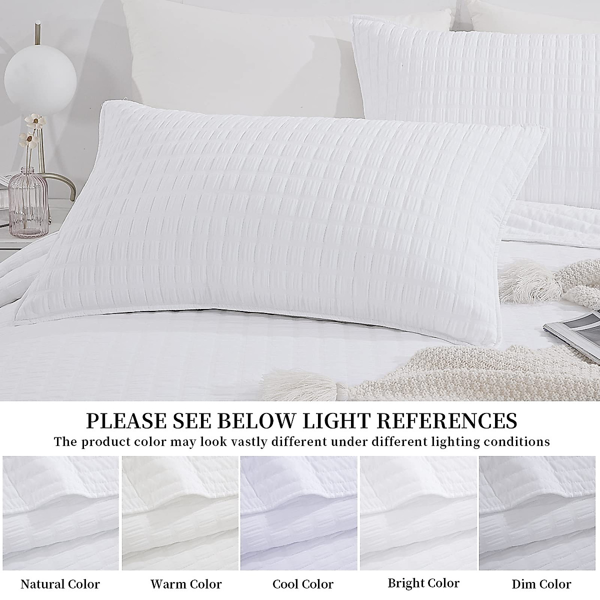 HOMBYS Oversized King Seersucker Bedspread 120”x128”, White Summer Quilt Set,Lightweight Bedding Cover with Shams for All Season, Microfiber Modern Style Bedspread & Coverlet Sets (1 Quilt, 2 Shams)