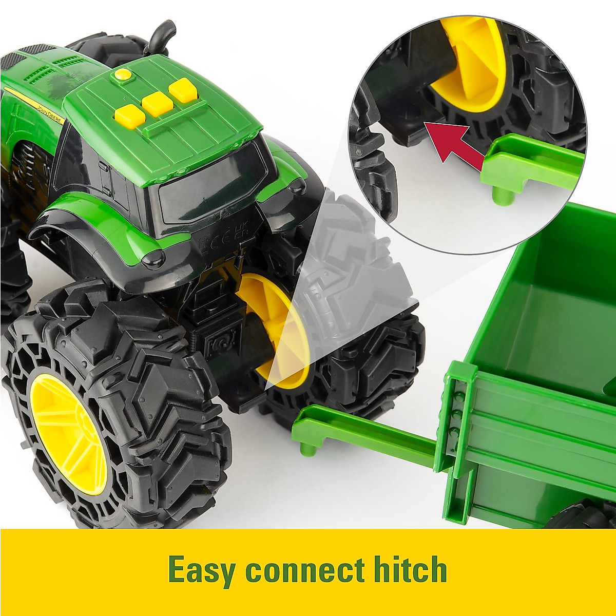 John Deere Monster Treads Tractor Toy with Wagon Toys with Lights and Sounds - Monster Truck Tires - Toddler Toys Ages 3 Years and Up,Red,Green