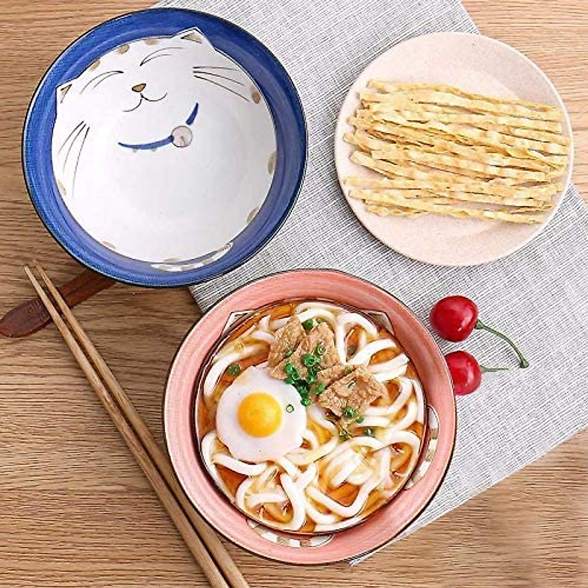 JapanBargain 2482, Japanese Porcelain Soup Bowl for Dinner Lunch Rice Poke Donburi Udon Ramen Noodle Pasta Cereal Maneki Neko Smiling Lucky Cat Pattern for Cat Lovers Made in Japan, 6-inch, Pink