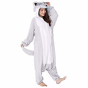 SAZAC Silver Wolf Kigurumi - Onesie Jumpsuit Halloween Costume (One Size)