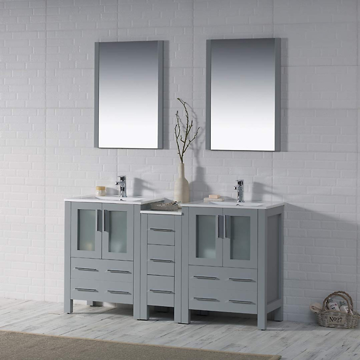 60 Inches All Wood Double Ceramic Sink Bathroom Vanity with Side Cabinet, 001 60 15 C (Double Ceramic Top, Metal Grey)