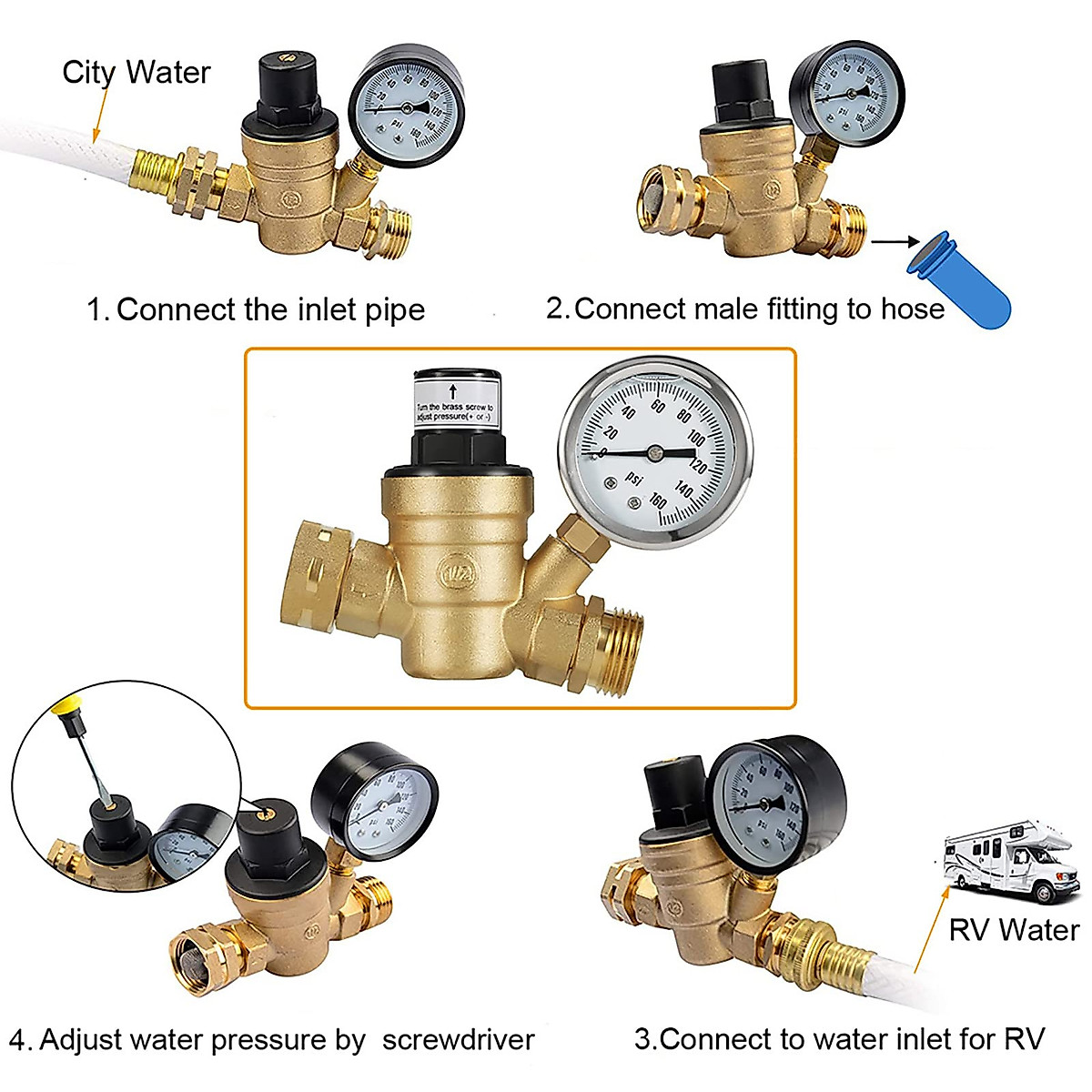 RV Water Pressure Regulator,Water Pressure Regulator for RV Camper Adjustable,RV Water Pressure Regulator with Gauge 160psi,Adjustable Water Pressure Regulator for RV Camper Travel Trailer