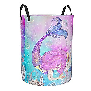 KiuLoam Girls Mermaid and Narwhal Laundry Baskets, Bedroom Hamper Collapsible Waterproof Oxford Fabric with Handle Foldable Cloth Washing Bin Tote Bag (16.5 Inches)