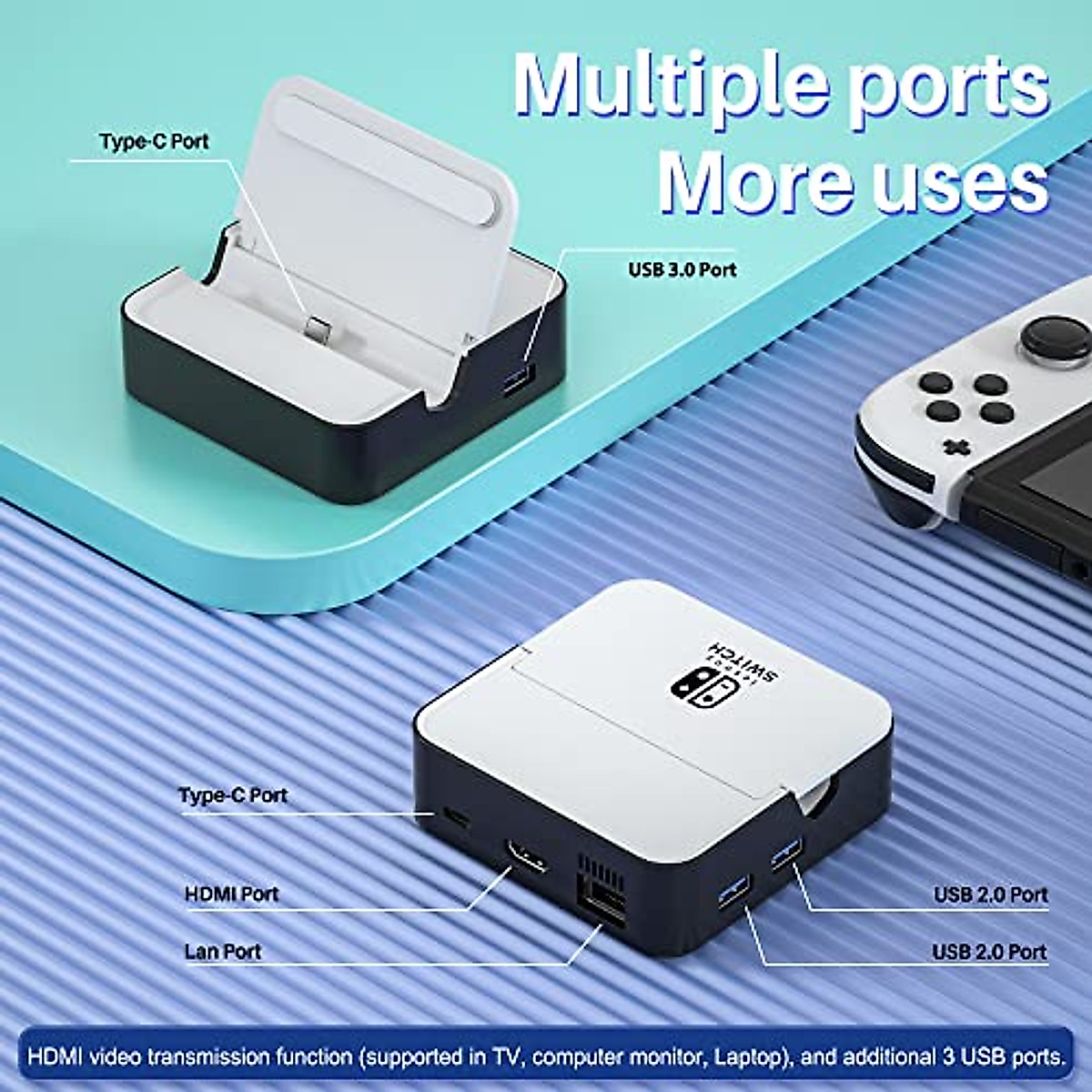 TV Docking Station for Nintendo Switch/Nintendo Switch OLED Model, 6-in-1 Switch Dock with HDMI 2.0, 100Mbps Ethernet, 2 USB-A 2.0, 1 USB 3.0,100W USB-C Charging Port, Supports YouTube On TV