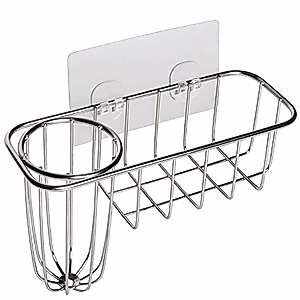 HULISEN Sponge Holder + Dish Brush Holder, 3-in-1 Kitchen Sink Caddy, 18/8 Stainless Steel Rust Proof Water Proof, Adhesive Installation No Drilling 【Not Including Sponge and Brush】