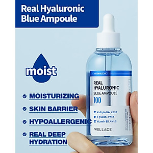 WELLAGE Real Hyaluronic Blue Ampoule 100, Fragrance Free Hyaluronic Acid Ampoule, Hydrating Non Sticky Serum for Sensitive Dry Skin, 2.54 fl.oz