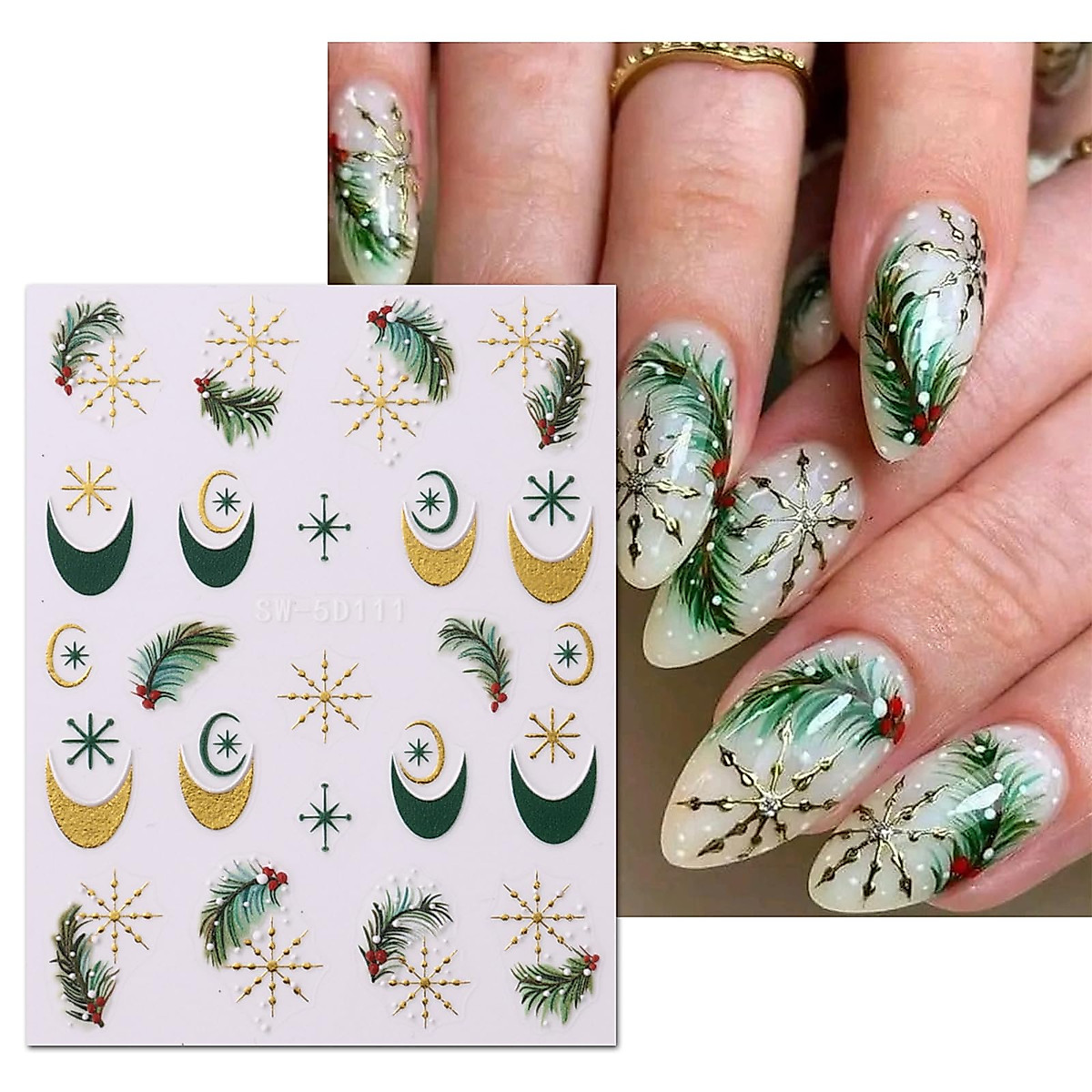 JMEOWIO 6 Sheets 3D Embossed Glitter Christmas Nail Art Stickers Decals Self-Adhesive Pegatinas Uñas 5D Snowflake New Year Xmas Winter Holiday Nail Supplies Nail Art Design Decoration Accessories