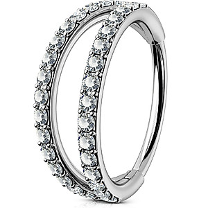 OUFER Nose Rings Hoops, 20G G23 Solid Titanium Nose Piercings, Double Row Diamonds Hoop Nose Ring, Double Nose Ring for Single Piercing, Conch Helix Daith Lip Piercing Jewelry-Silver 8MM