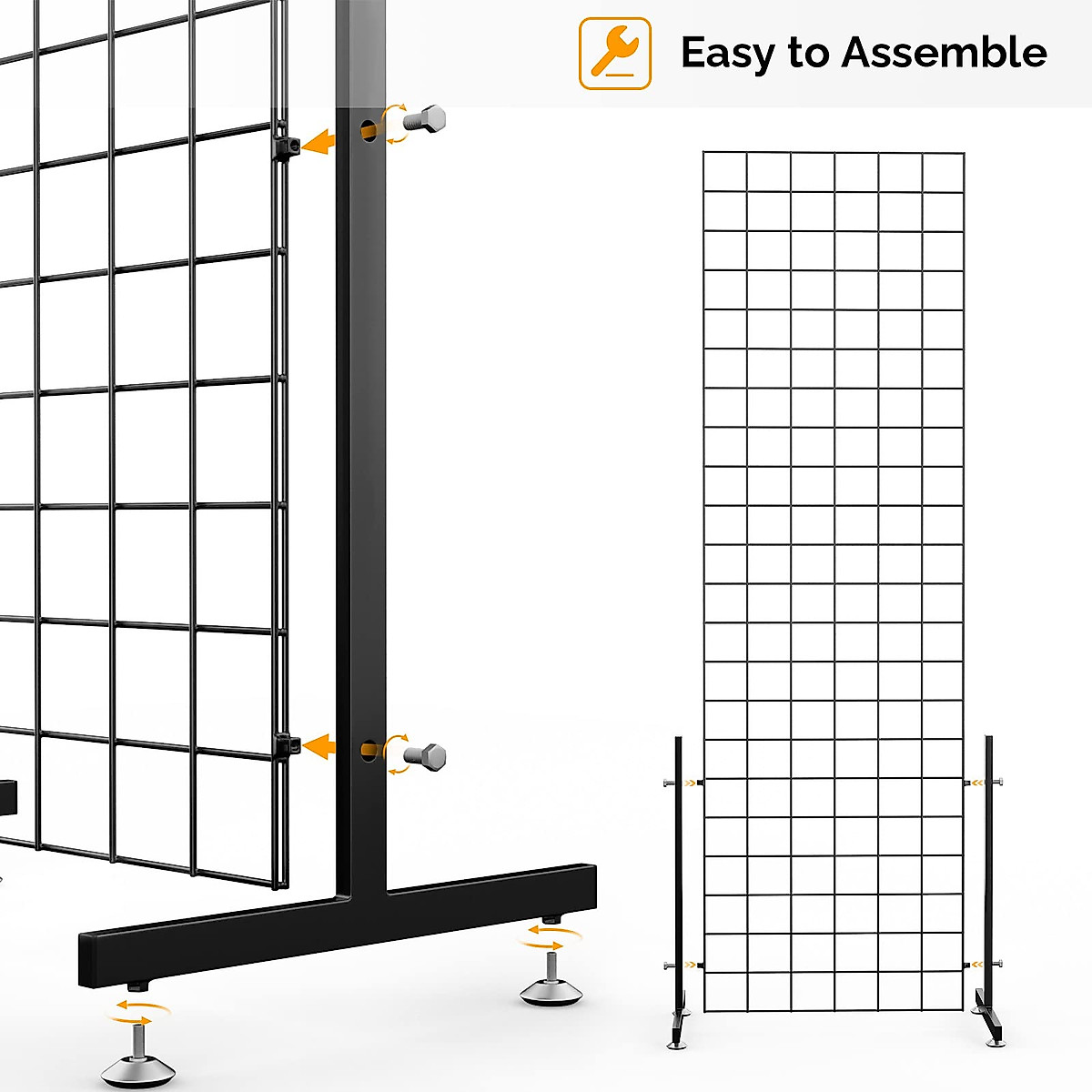 Bonnlo 6' x 2' Wire Grid Panel Tower with T-Base Floorstanding, Thicker 5mm Wire, 180 LBS Weight Capacity Grid Wall Display Rack with Hooks 4", 6" and 8", 2-Pack Black