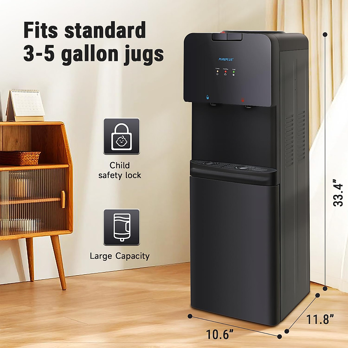 PUREPLUS WATERCOOLER Top Loading Water Dispenser, Hot, Cold & Room Temperature Water, Holds 3 or 5 Gallon Bottles, Child Safety Lock, Compression Refrigeration Technology, Black