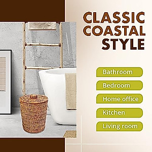 KOUBOO La Jolla Rattan Round Waste Basket With Lid & Plastic Insert, 2 Gallon Woven Wastebasket for Bathroom, Kitchen, Office, Living Room, & Home Decor, Honey Brown