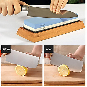 MASSUGAR Whetstone Knife Sharpening Stone Set, 2-Sided Premium Wet Stone Sharpener 1000/6000 Grit Wetstone Kit for Kitchen knives with Non-Slip Bamboo and Silicon Base Angle Guide, Flattening Stone