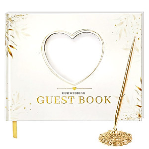 Wedding Guest Book and Elegant Guest Book Wedding Reception with Hardcover 8"x10", Guest Book for Wedding with Golden Pen with its Gold Metal Base, 100 Blank Pages for Wedding Guest Book Sign Include