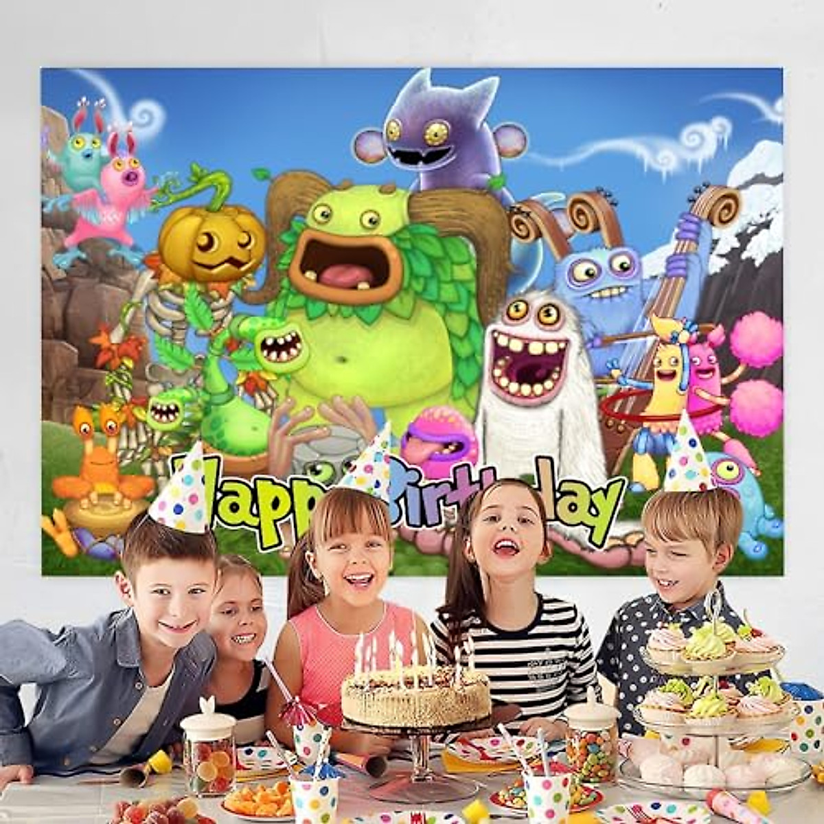 Singing Monsters Birthday Decorations, Singing Monsters Happy Birthday Banner Backdrop for Singing Monsters Birthday Party Supplies (5x3ft)