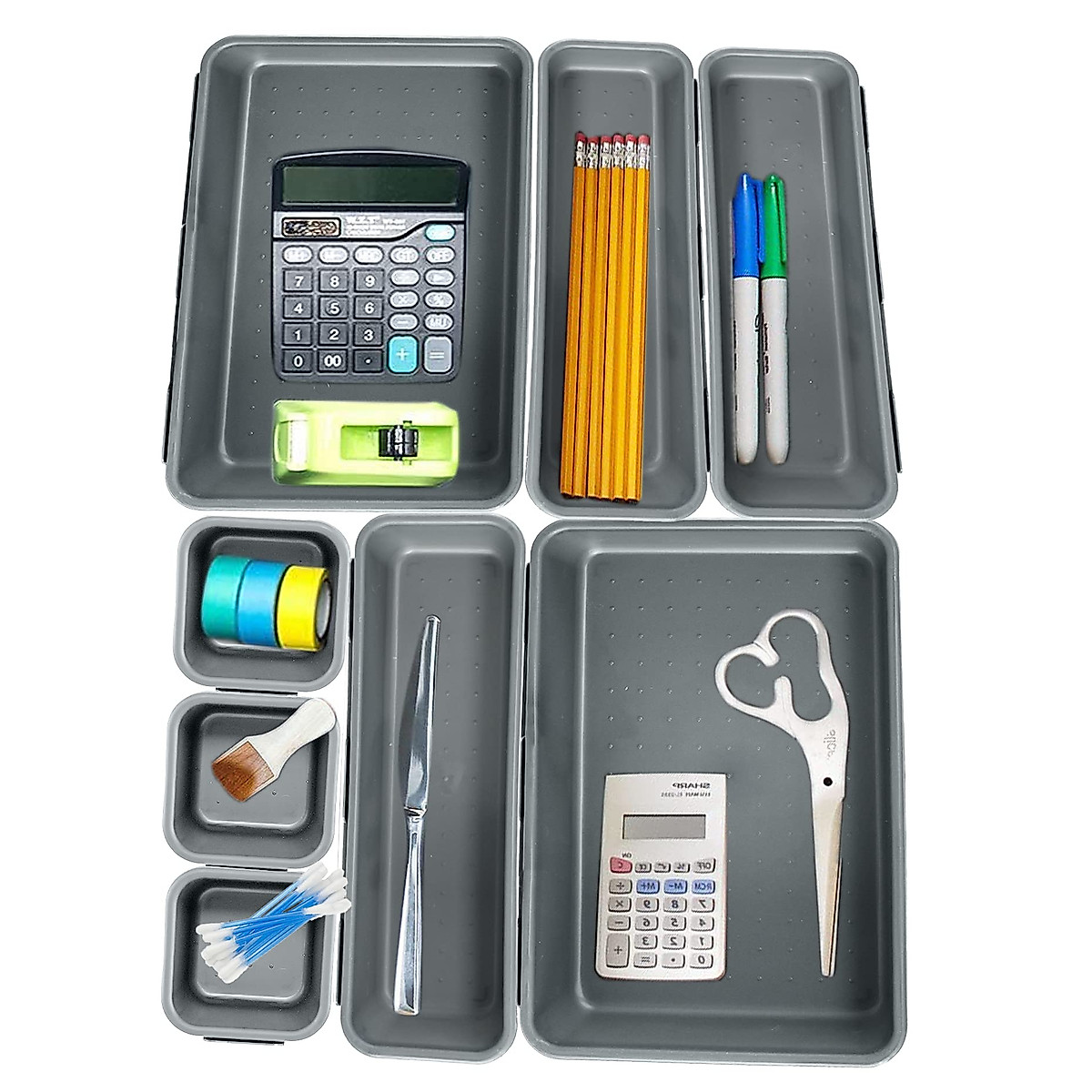 HOME-X Connecting Organizer Trays, Set of Interlocking Adjustable Trays for Organizing Office Supplies and Kitchen Utensil Drawers, Set of 8, 3 Sizes, Gray
