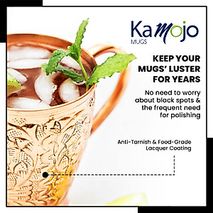 Kamojo Moscow Mule Cups Set of 4 - Premium Moscow Mule Copper Mugs with Unique Embossed Design & Anti-Tarnish, Food-Grade Coating - Copper Cups Gift Set with 4 Copper Straws & Recipe E-Book, 16 oz