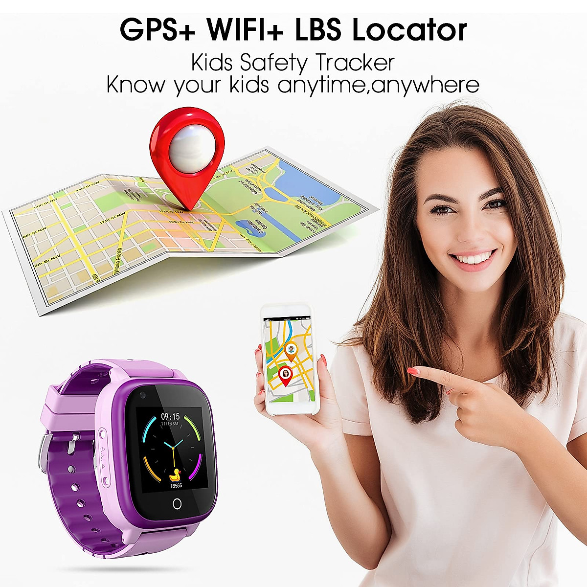 4G Kids Smart Watch with GPS Tracker and Calling, IP67 Waterproof, 2-Way Calls, GPS Tracker, SOS Kids Cell Phone Wrist Watch for Age 3-14 Girls Boys Girls Christmas BirthdayBirthday Gifts (purple)