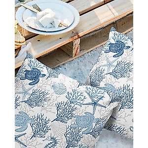 Sea Turtle Outdoor Waterproof Pillow Covers,Nautical Blue Coral Decorative Throw Pillow Covers,Starfish Shell Seahorse Cushion Case for Patio Tent Bed Sofa Living Room Marine Life on White Pillowcase