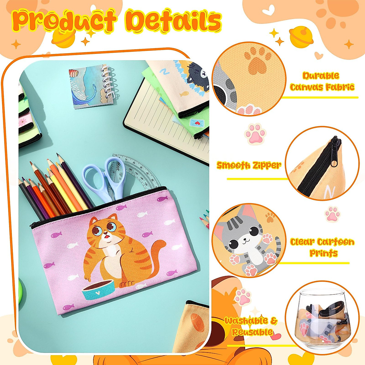 Shinylin 24 Pcs Bulk Cartoon Zipper Pencil Case Pouch Cute Cartoon Animal Pen Bag Multipurpose Canvas Cosmetic Bag Pouches Organizer for Boy Girl Stationary Storage(Cat Style)