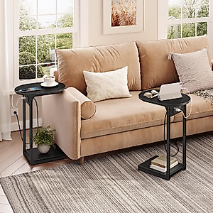 HOOBRO C Shaped End Table with Charging Station, Round Couch Side Table, TV Tray Slide Under Sofa Table with Metal Frame for Small Spaces, Living Room and Bedroom, Black BB18USF01