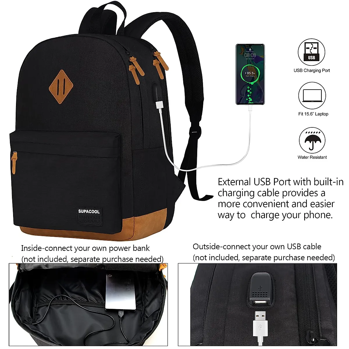 SUPACOOL Lightweight Laptop Backpack with USB Charging Port for Men and Women, Double Layers Backpack for College, Work, Travel, Casual(Black and brown)