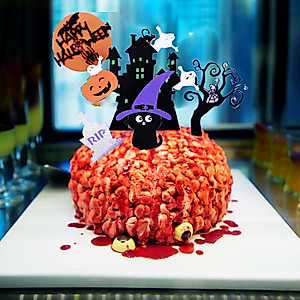 6Pcs Halloween Birthday Cake Topper Halloween Cupcake Topper Haunted House Glitter Spooky RIP Tombstone Pumpkin Bat Cat Spider Skull Cupcake Toppers for Halloween Themed Party Cake Decoration Supplies