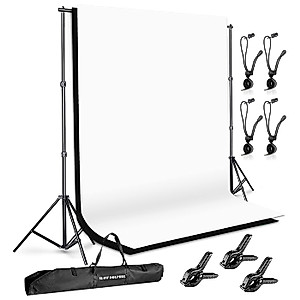 SLOW DOLPHIN Photo Background Support System with Backdrop Stand Kit, 100% Pure Muslin 6.5 Ft x 10 Ft (White/Black) Backdrop,Clamp, Carry Bag for Photography Video Studio