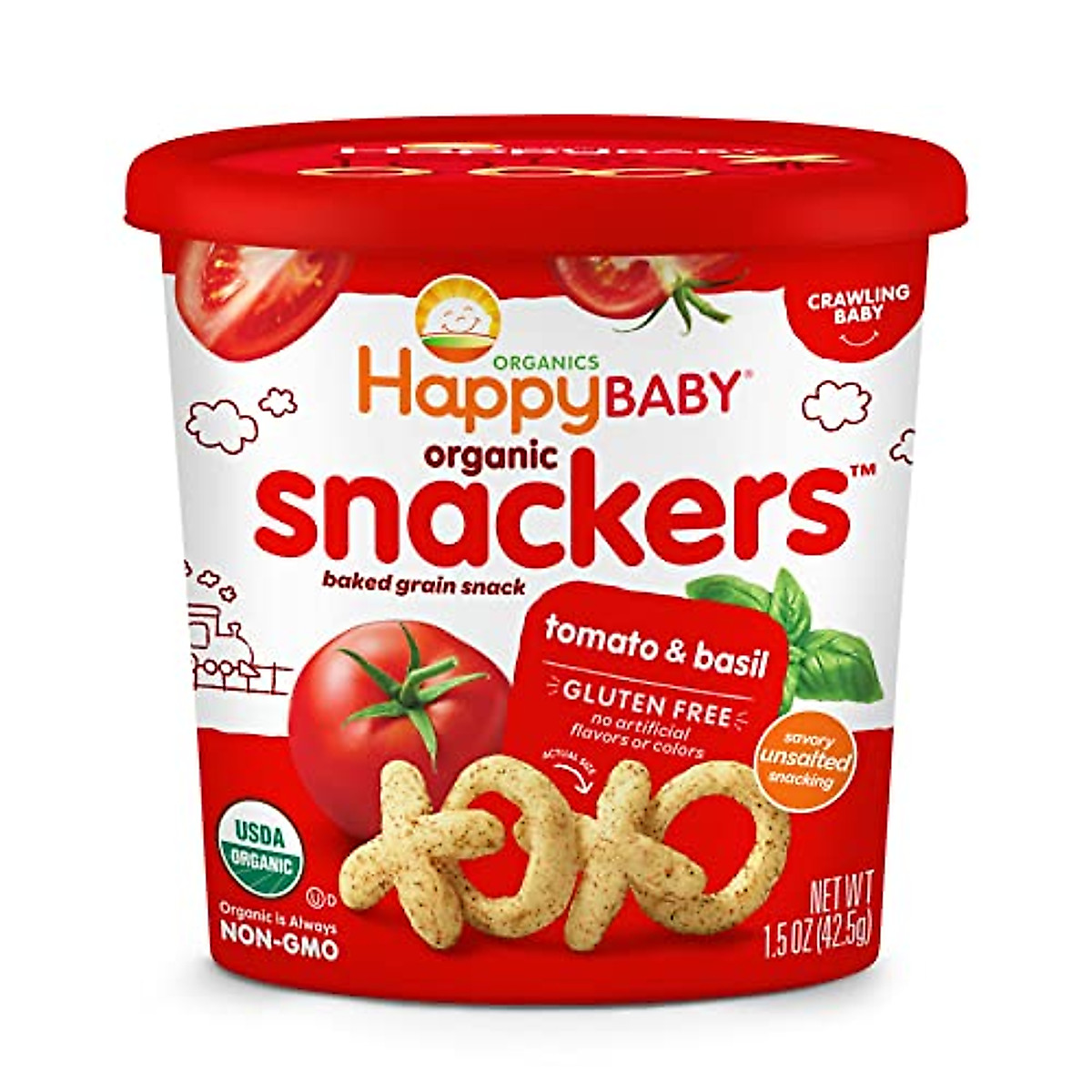 Happy Baby Organic Snackers Baked Grain Snack for Crawling Babies, Tomato and Basil, 1.5 Ounce (Pack of 6)
