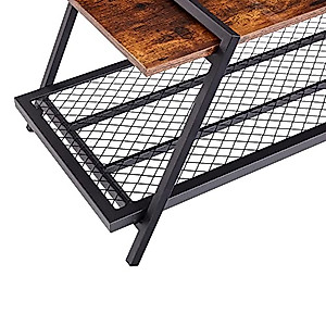 Fulocseny Nesting Coffee Table Cocktail Desk,2Layer,MDF Top, Black Metal Frame - Trapezoidal Legs Storage Space Large Iron Mesh Shelf MDF Desktop,No Screws