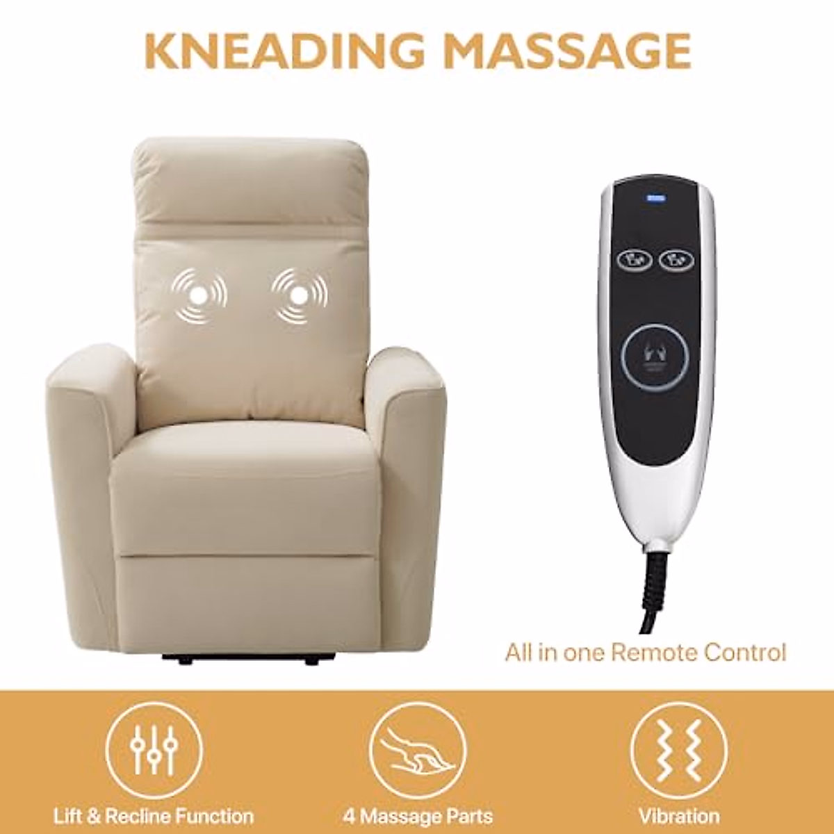 Wichvens Power Lift Recliner Chair with Massage,Multi-Angle Adjustment Seat,Mattevelvet Fabric Reclining Single Sofa with Side Pocket& Remote Control for Living Room,Bedroom,Office(Beige)