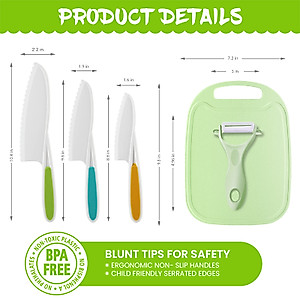 Kids Knifes Set,Children's Nylon Knives Safe Baking Real Cutting Cooking Childrens Knife Beginners Plastic Cut Fruits Salad Fun Firm Grip Toddler Chopping Friendly With Board Peeler 5Pack (green)