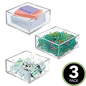 mDesign Plastic Square Desk Organizer - Create Section for Home Office Drawers, Desktop - Holds Pens, Paper Clips, Notebooks and other Office Supply Accessory - Lumiere Collection - 3 Pack, Clear