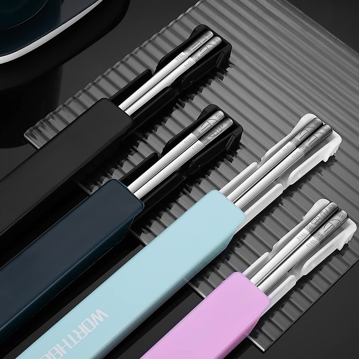 ArderLive Reusable Chopsticks with Case, Stainless Steel 316 Travel Chop Sticks, Japanese Chinese Korean Chopsticks for Bento box, Picnic, Office, Dishwasher Safe, 9.4 in Blue+Pink