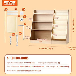 VEVOR Wooden Kids Bookshelf 4-Tier, Toy Storage Organizer for Toddler, Book Shelf for Kids Rooms with 6-Layer Sling Book Rack, Baby Book Storage Shelves for Kids Room, Playroom, Kindergarten, Nursery