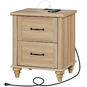 WAMPAT Nightstand Side Table with Charging Station, Light Wood End Table with 2 Drawers for Living Room, Farmhouse Night Stand Bedside Table for Bedroom, Oak