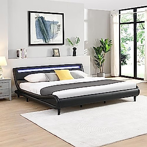 HAUSHECK King Size Upholstered Platform Bed, LED Bed Frame with Lights Headboard, Modern Faux Leather Bedframe No Spring Box Needed for Kids, Teen & Adults, King Beds with Strong Wood Slats Support