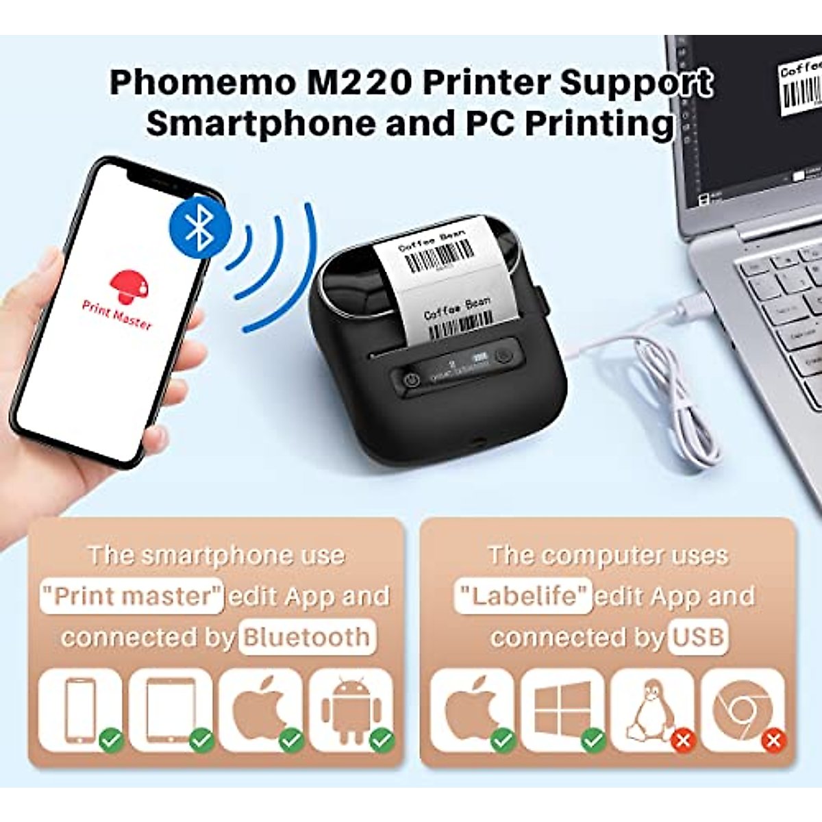 Phomemo M220 Label Maker, Bluetooth Label Printer, 3.14 Inch Portable Thermal Label Maker Machine for Barcode, Labeling, Organizing, Small Business, Compatible with iOS & Android, with 3 Label
