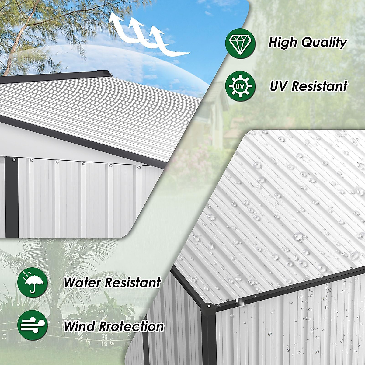 Patiomore 4x6 FT Outdoor Storage Shed Double Sloping Roof Garden Shed, Metal Shed Kit with Double Doorknobs and Air Vents Galvanized Metal Storage Shed with Sliding Door, White