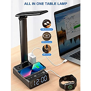 LED Desk Lamp with 15W Wireless Charger, 2 USB Charging Ports, 2 Outlets, 3 Brightness Levels, Alarm Clock, Dimmable Eye Caring Reading Desk Light for Home Office dorm, Touch Control Table Lamp, Black